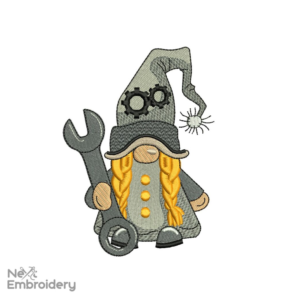 Mechanic Girl Gnome Embroidery Design - NextEmbroidery