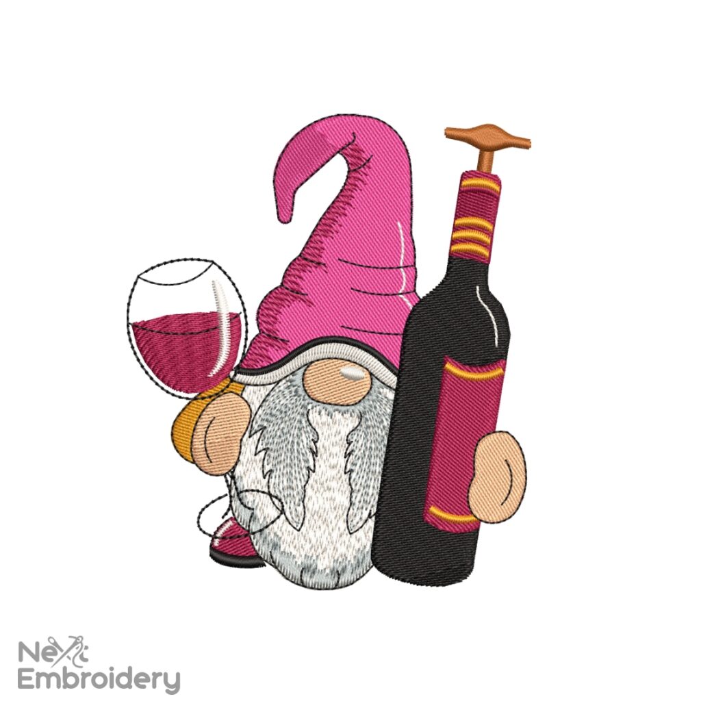 Bottle of Wine Gnome Embroidery Design - NextEmbroidery